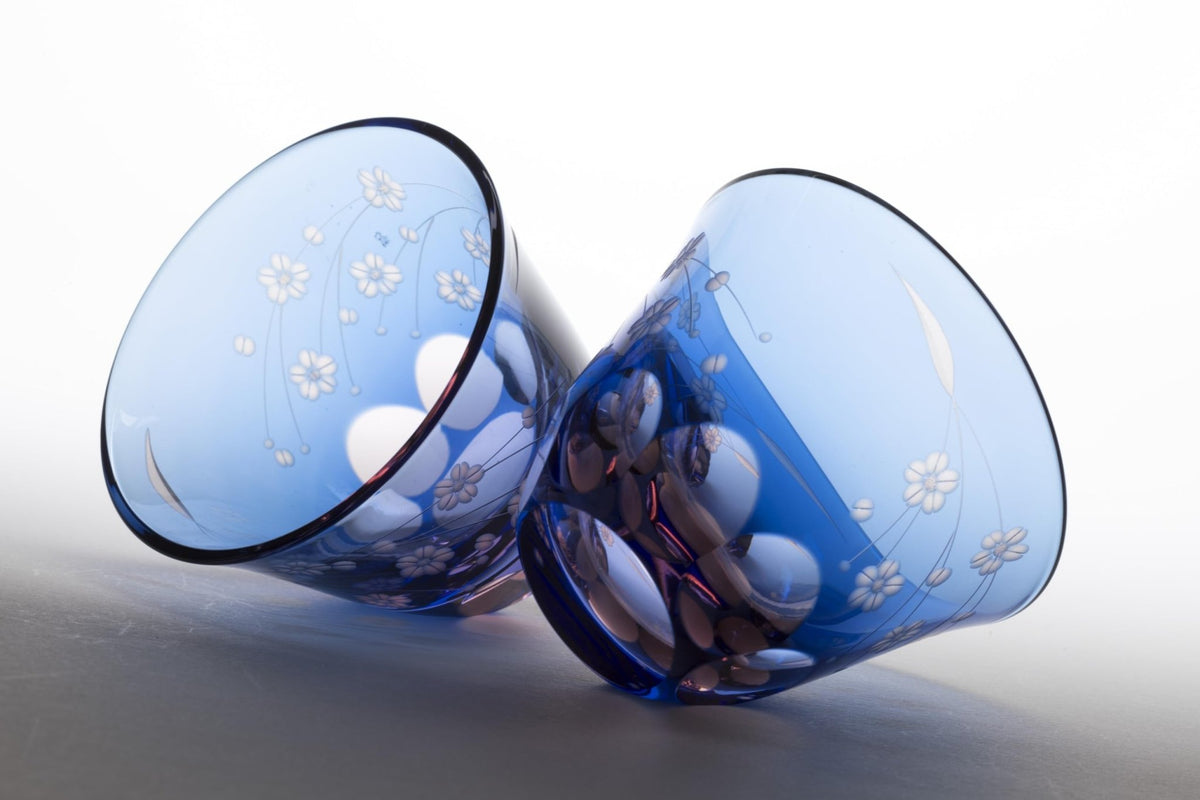 Garasu Kobo Saiho Edo Kiriko Glass Sakura Pattern Blue Pink Gift Box ...