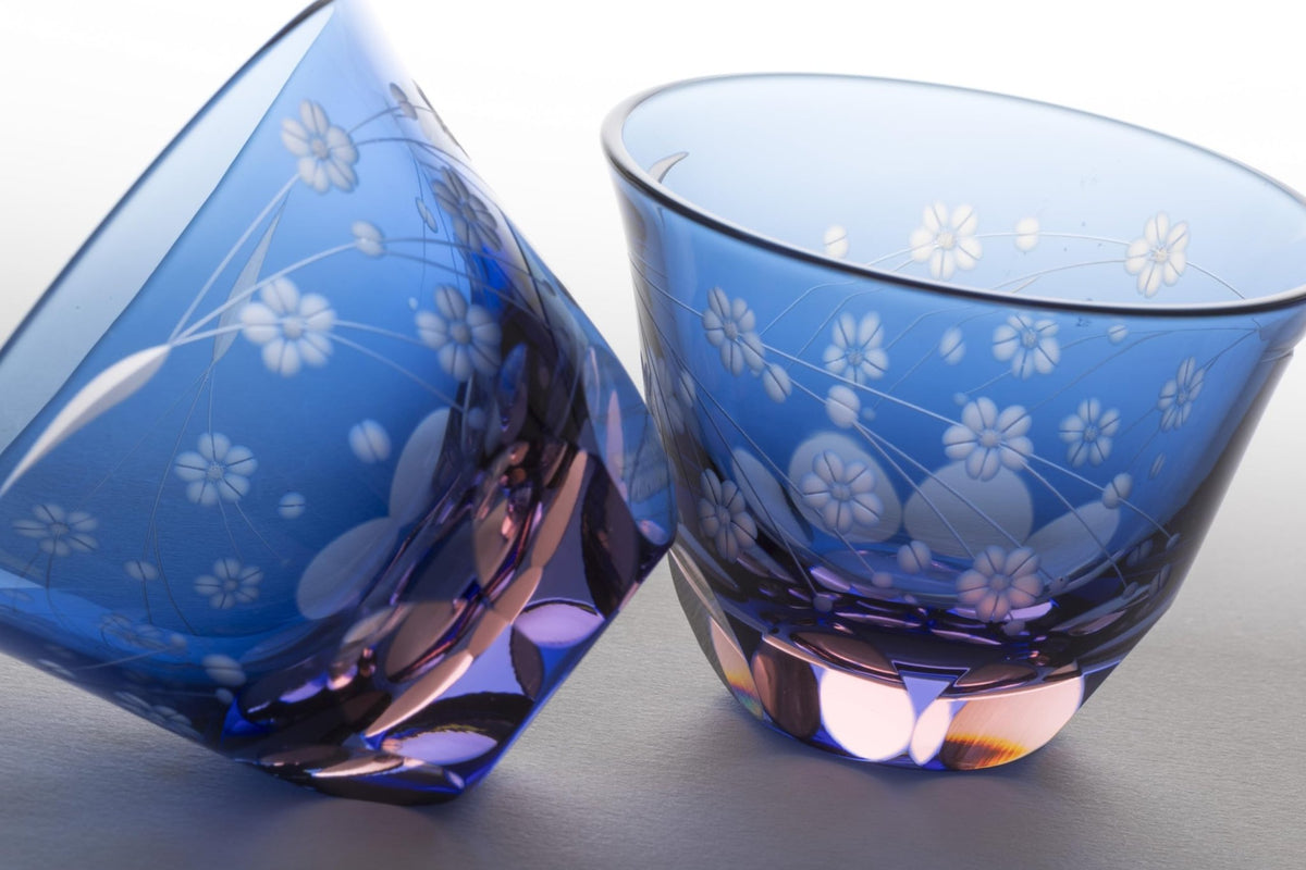 Garasu Kobo Saiho Edo Kiriko Glass Sakura Pattern Blue Pink Gift Box ...